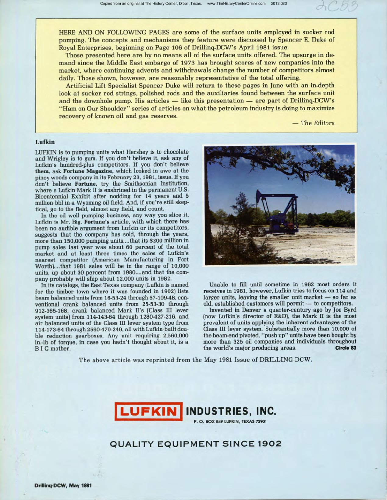 Lufkin Oil Field Equipment Sales Sheet 1981 | The History Center